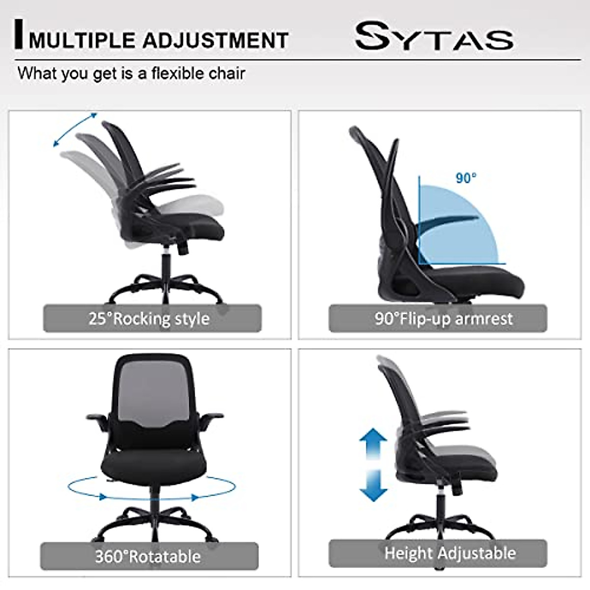 Sytas Office Chair Ergonomic Desk Chair Rolling Swivel Mesh Computer Task Chair with Flip-up Arms and Adjustable Height，for Adults and Kids，Black