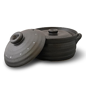 Banko Ware Japanese Rice Cooker Pot for IH and Gas Stove - Double Lid, Durable Metal Bottom, Oven-Safe, Cute Dot Design, Includes English Instruction Manual (Black lid)