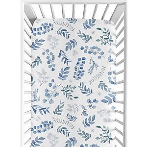 Sweet Jojo Designs Floral Leaf Boy or Girl Fitted Crib Sheet Baby or Toddler Bed Nursery - Blue Grey and White Boho Watercolor Botanical Flower Woodland Tropical Garden