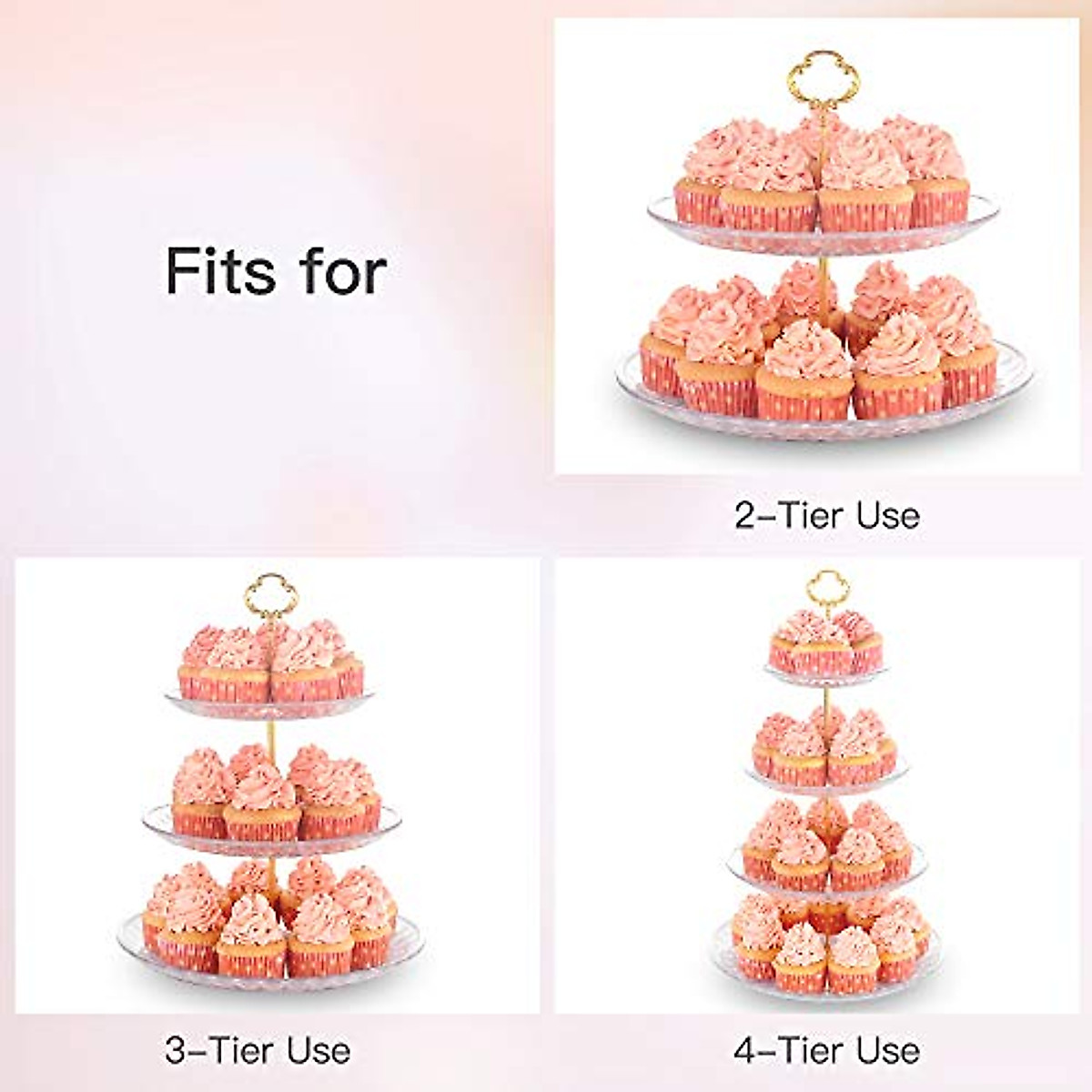 NWK 3/4-Tier Cupcake Stand with Crystal-Clear Plastic Plates and Metal Struts Dessert Stable Tower Display Rack Serving Tray for Wedding Birthday Bridal Shower Autumn NYE Tea Party (Gold)