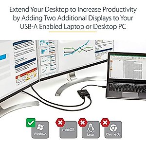 StarTech.com USB 3.0 to Dual HDMI Adapter - 1x 4K 30Hz & 1x 1080p - External Video & Graphics Card - USB Type-A to HDMI Dual Monitor Display Adapter - Supports Windows Only - Black (USB32HD2)