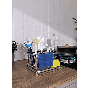 Consumest 5-in-1 Sink Caddy Kitchen Sink Organizer with Drip Tray, Multifunctional Sponge Holder for Kitchen Sink, Rustproof Stainless Steel Sink Sponge caddy for Dishcloth, Sponge, Brush - Silver