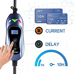 MUSTART Level 1 and Level 2 Portable EV Charger (16 Amp Adjustable, 100-240V, 25ft Cable). NEMA 6-20 Plug with NEMA 5-15 Adapter Electric Vehicle Charger