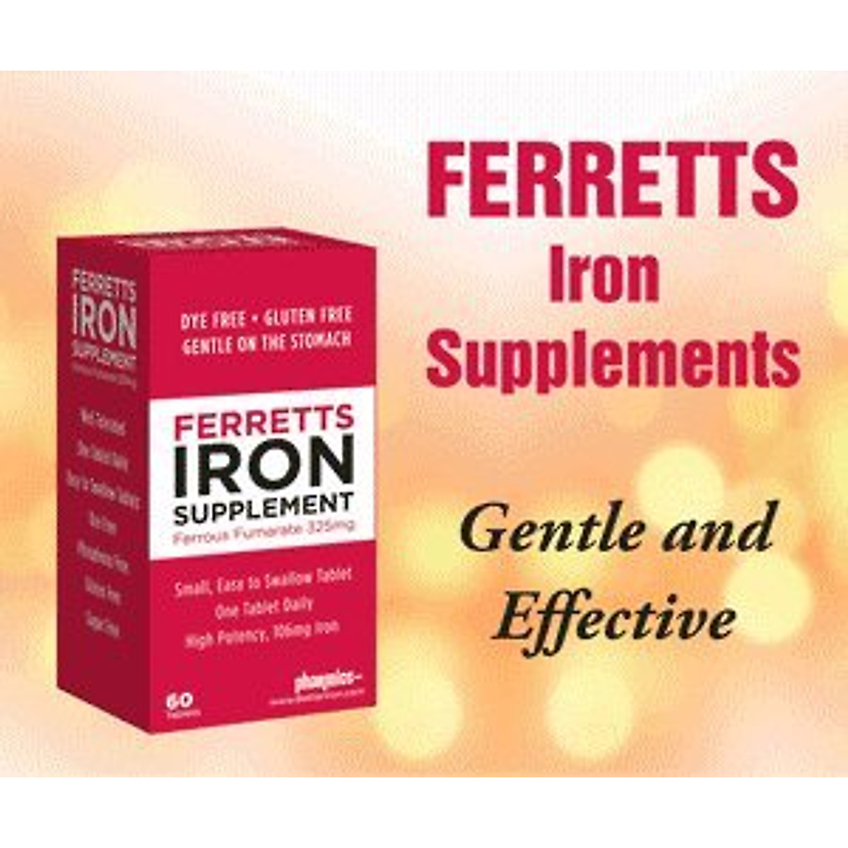 Ferretts Iron Tablets 106mg (325mg Ferrous Fumarate) - 60 Day Supply of High Potency Iron Supplements for Women & Men - Gentle & Non-Constipating Iron Supplements for Anemia - 60 Iron Pills Per Bottle