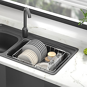 Sink Dish Drying Rack, 304 Stainless Steel Rustproof Expandable Dish Drainer Organizer with Stainless Steel Silverware Holder Over Inside Sink-Adjustable 14.96" to 20.59" （Maximium 13 Upright Dishes ）