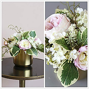 G Home Collection Greenery Leaves with Roses Floral Arrangement in Gold Metal Vase