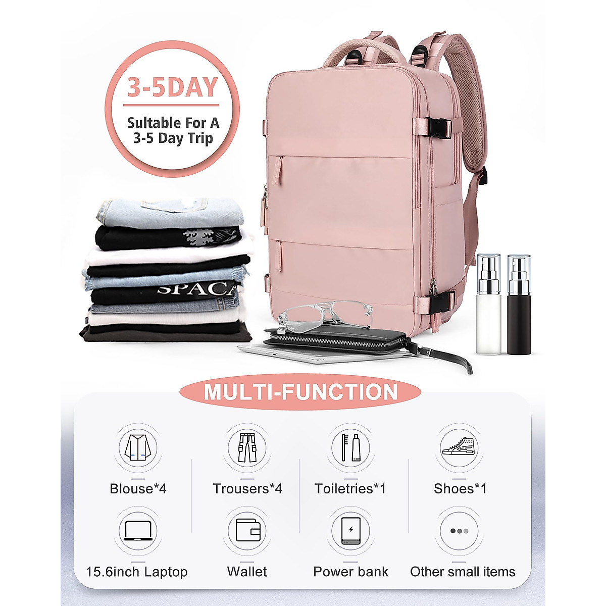 bergsalz Backpack For Women Travel Bag Weekender Lightweight Medium Backpack For Men Hiking Waterproof Gym Bag Travel Essentials Pink Canvas Bag Carry On Backpack For Sport Fan Laptop Bag