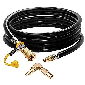 DOZYANT 12ft RV Propane Quick Connect Hose with Elbow Conversion Fitting for Blackstone 17inch and 22inch Table Top Griddle - 1/4 inch Safety Shutoff Valve & Male Full Flow Plug