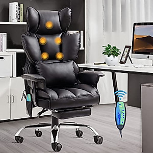 GURLLEU Executive Office Chair Office Desk Chair, Massage Reclining Office Chair with Foot Rest, Real High Back Office Chair with Lumbar Pillow Support PU Leather Computer Chair (Black)