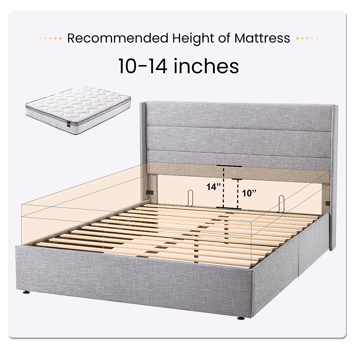 SHA CERLIN Queen Size Lift Up Storage Bed/Modern Wingback Headboard/Upholstered Platform Bed Frame/Hydraulic Storage/No Box Spring Needed/Wood Slats Support/Light Grey