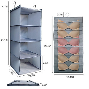 Taoomeho Hanging Closet Organizers and Storage Set,4-Shelf Foldable Hanging Storage Shelves and Dual-Sided Storage Bags，Great for Clothes Bag Bra Underwear Underpants Socks Organization Storage，Gray