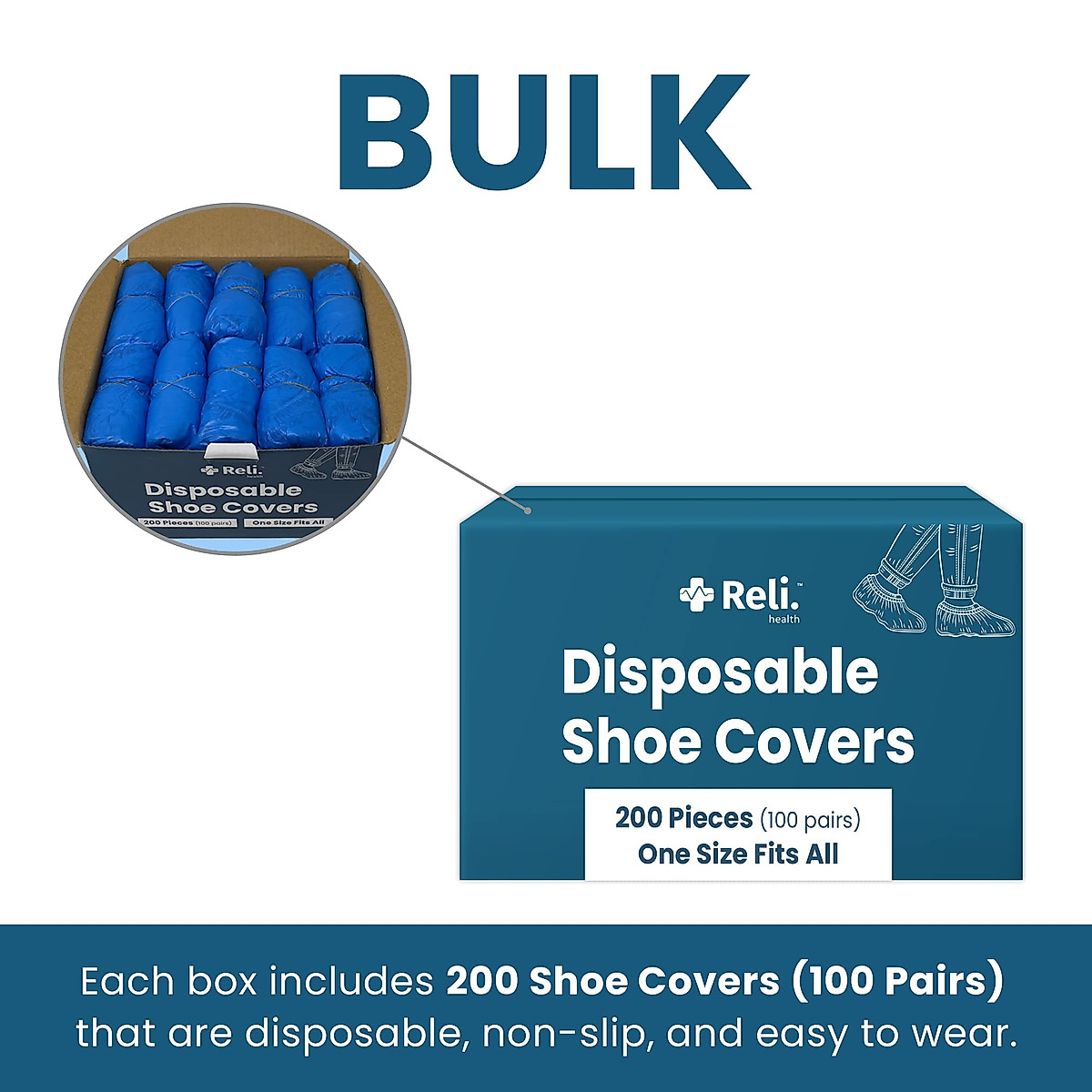 Reli. Shoe Covers, Disposable | 50 Pack (25 Pairs) - One Size Fits All | Non Slip, Disposable Shoe Covers for Indoors | Disposable Booties Shoe Protector - Waterproof, Plastic Single Use | Blue