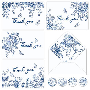 Whaline 32 Packs Floral Thank You Cards Blue White Chinoiserie Flower Greeting Cards Blank Note Cards with Envelopes and Stickers for Wedding Birthday Bridal Shower, 4 x 6 Inch
