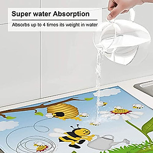 Funny Cute Bees Printed Drying Mat For Kitchen Ultra Absorbent Microfiber Dishes Drainer Mats Non-Slip Silicone Quick Dry Pad - 18 X 16inch