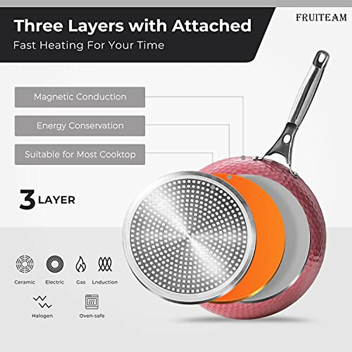 FRUITEAM Hammered Cookware 16-Piece Home Kitchen Ware Pots Pan Set with Non-stick Coating, Aluminum Induction Cooking Pots, Includes Fry Pans, Saucepans, Stock Pots, Rose