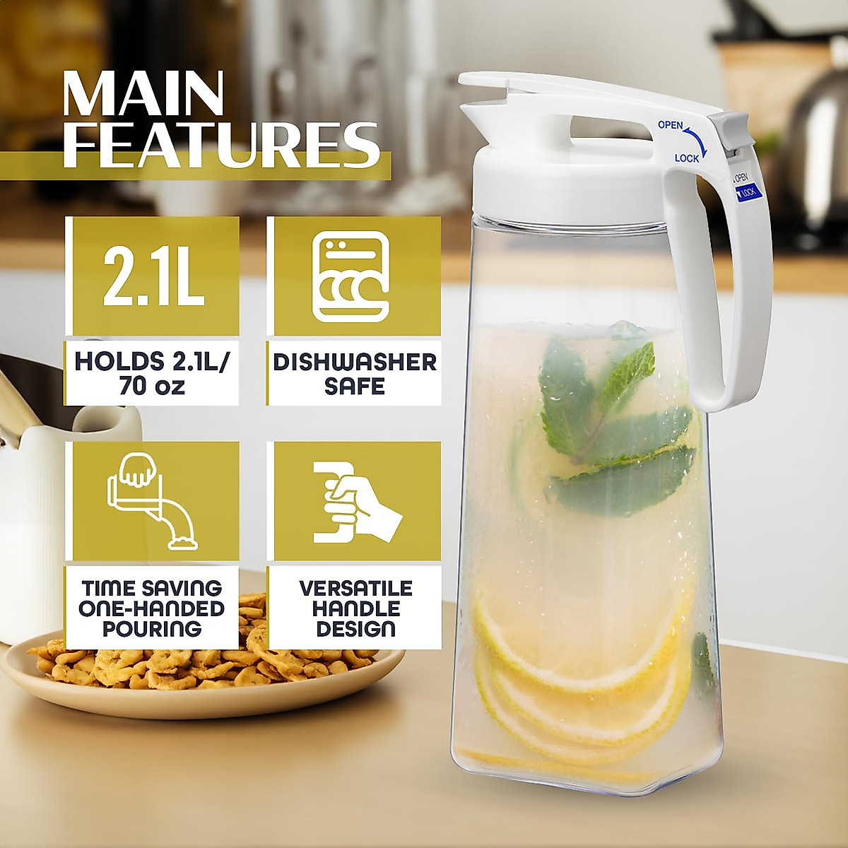 Lustroware QuickServe Airtight Pitcher - 2.1L (70oz), Heat Resistant, BPA-Free SAN Plastic, One Touch Open & Close, Space-Saving, Made in Japan - White