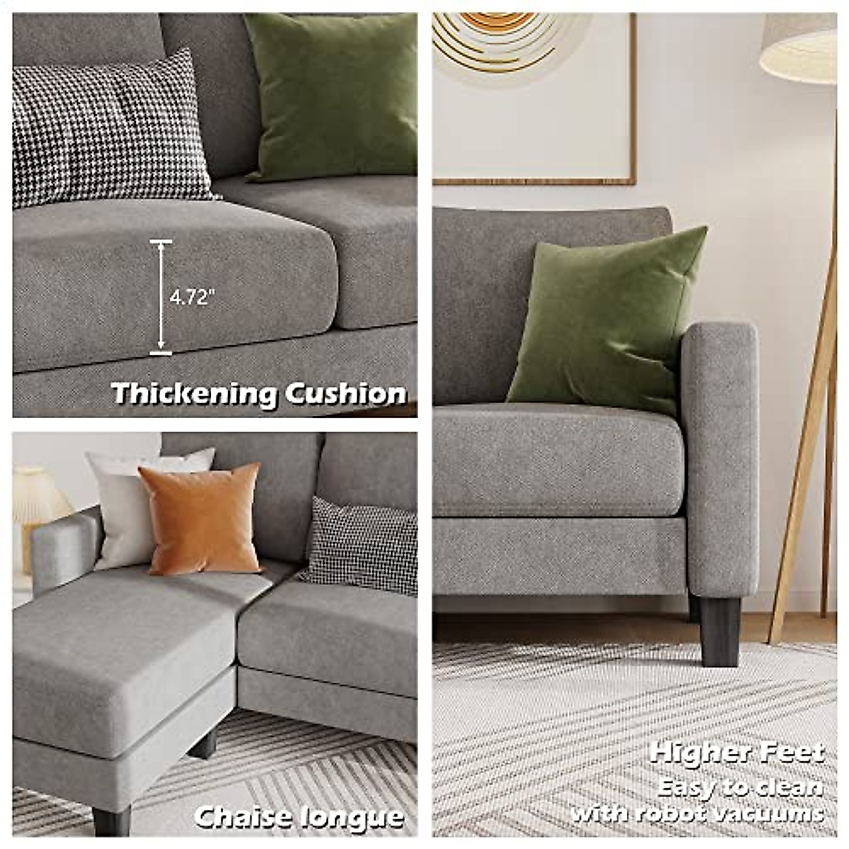 YESHOMY Convertible Sectional 3 L-Shaped Couch Soft Seat with Modern Linen Fabric, Small Space Sofas for Living Room, Apartment and Office, 70'', Gray