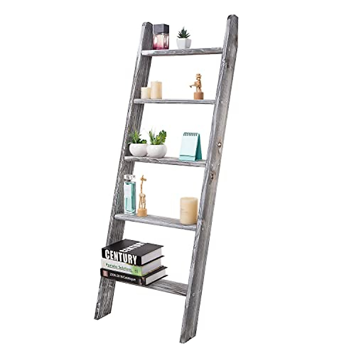 Rustic 5-Tier Wall-Leaning Wood Loadder Towel Racks for Bathroom Livingroom Kithen Office Woden Farmhouse Ladder-Style Blanket Rack Multipurpose Organizer Rack for Home (Grey)