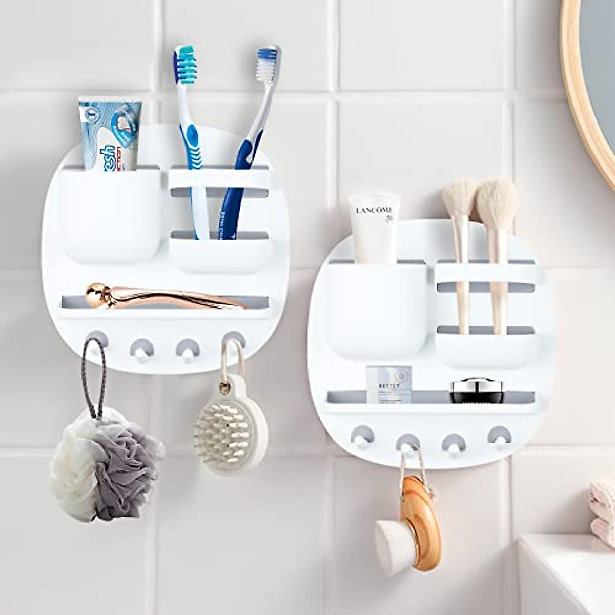 Kilolemo Wall Mounted Makeup Brush Holder Small Storage Organizer Adhesive Wall Storage Holder Hanging Container Toothbrush Storage Rack for Badroom Bathroom Kitchen（White）
