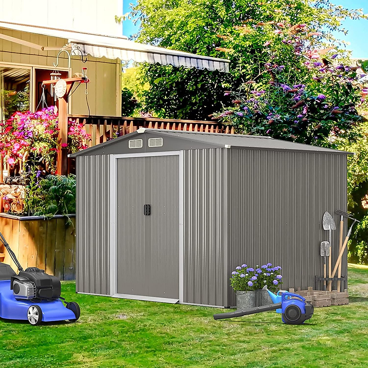 Goplus 8.5’ x 6.8’ x 6’ Outdoor Storage Shed, Weather-Resistant Utility Storage House w/Foundation, 4 Air Vents, Double Doors & Ramp, Galvanized Steel Tool Shed for Garden, Lawn, Patio, Yard