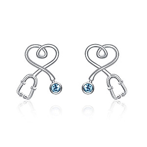 Stethoscope Earrings 925 Sterling Silver Heart Studs Earrings 12 Months Birthstone Crystals from Austria, Graduation Jewelry Gifts for Nurse Doctor RN Medical Student