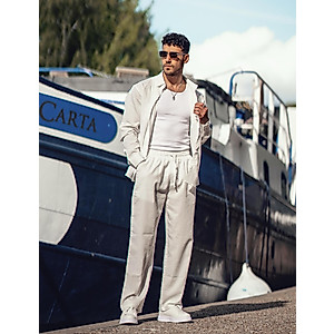 COOFANDY Mens Coordinated Outfit White Linen Pants and Shirt Set Casual Linen Sets 2 Piece Summer Beach Clothes, White, Medium