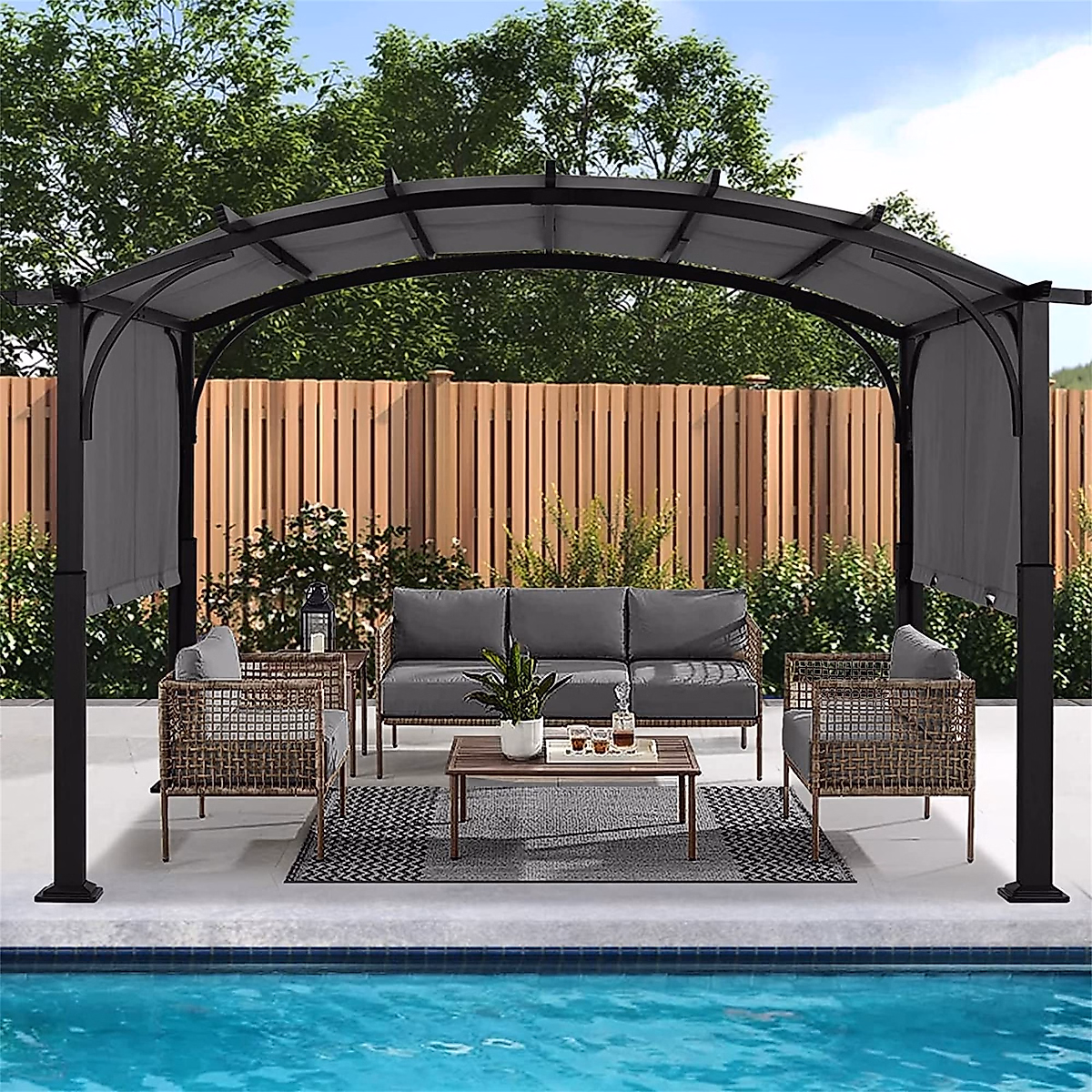 CLGrich 12’ X 9’ Outdoor Retractable Pergola Canopy,Metal Frame Grape Gazebo & Canopy Cover, Outdoor Steel Pergola Gazebo with Retractable Canopy Shades, Ideal for BBQ, Party, Beach and More