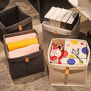 MILILOVE 4Pcs Felt Storage Basket 9x9x10 inch Cube, Fabric Cloth Storage Bin, Collapsible Organizer Basket with Handle for Cloth Toys Underwears Bedroom Playroom Office (with free decorations)