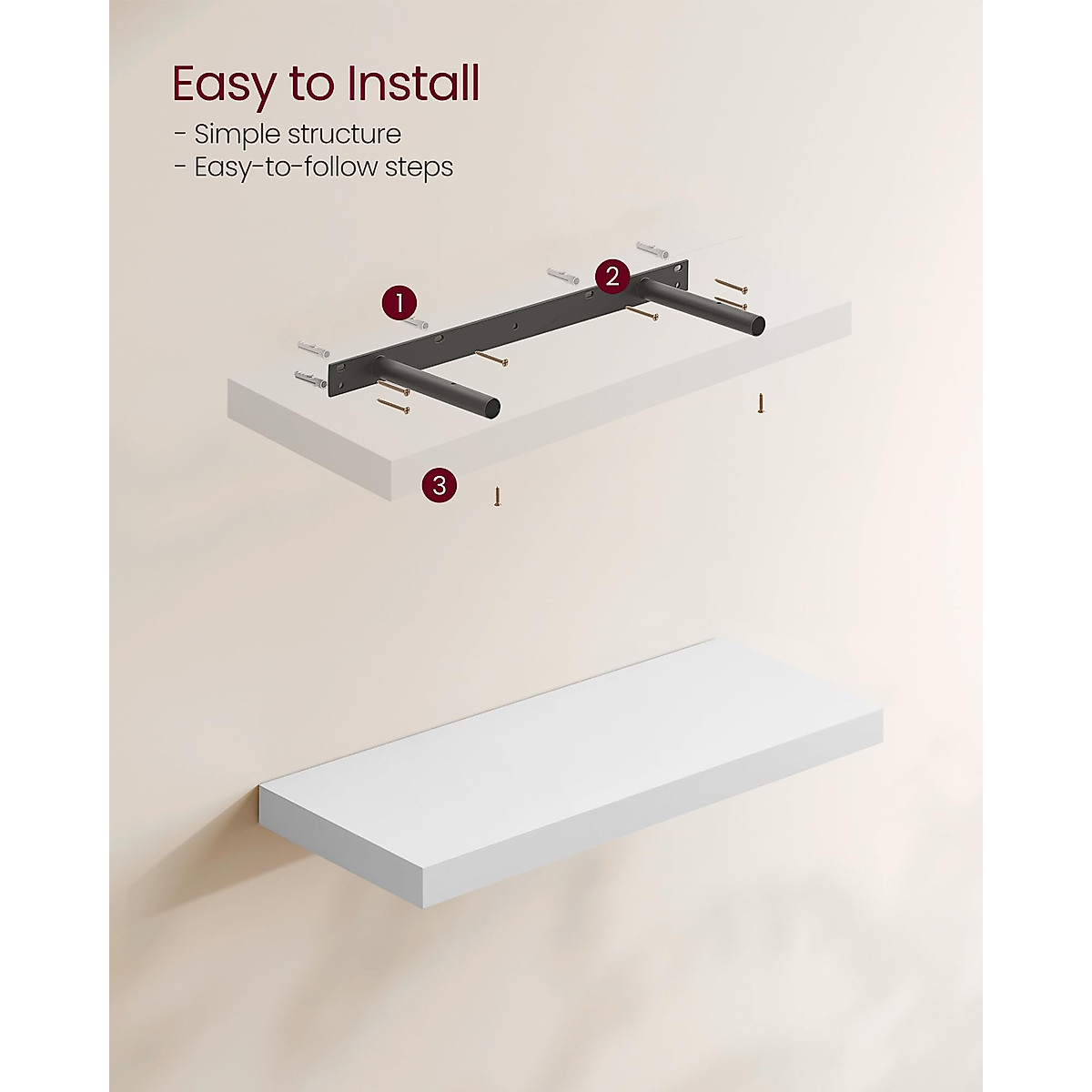 VASAGLE Wall Shelves Set of 2, Floating Shelves, Wall Mounted, 8 x 23.6 x 1.5 Inches, Display Shelves for Picture Frames, Wall Decor, Hanging Shelf for Living Room, Kitchen, White ULWS056W01