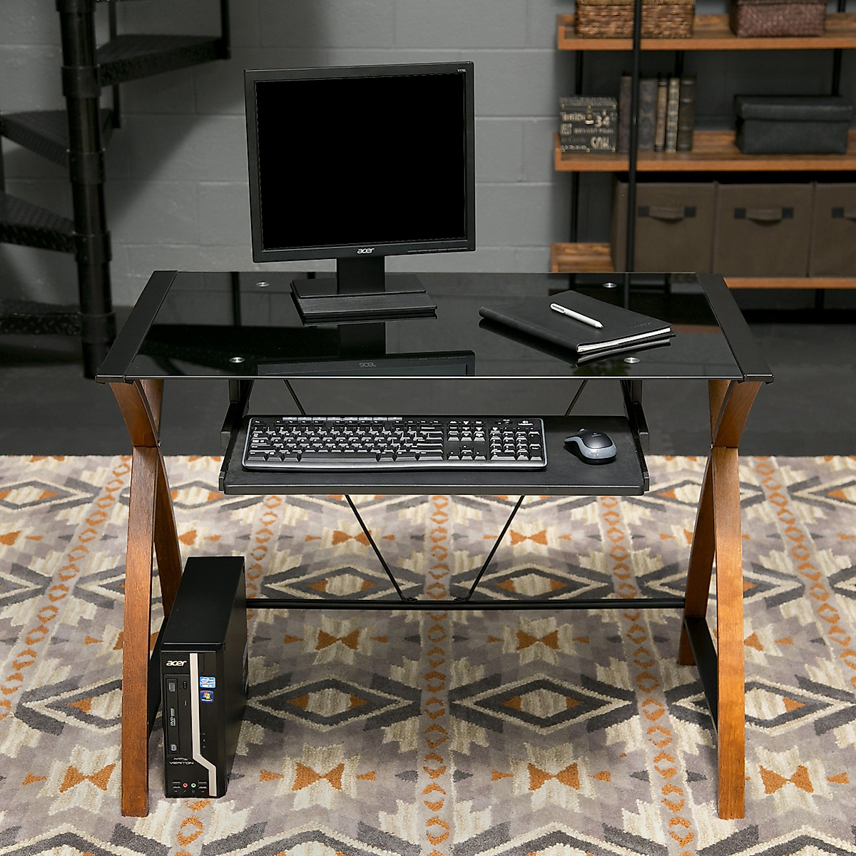 OneSpace Glass and Wood Computer Desk with Pullout Keyboard Tray and Black Glass Desktop, Black/Brown