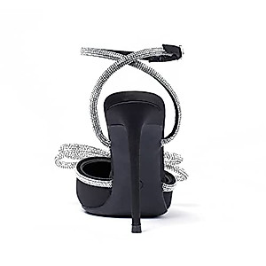 Elisabet Tang Women's High Heel Pumps,Satin Rhinestone Bowknot Lace Up Sandals Pointed Toe Ankle Buckle Straps Pump Stiletto Sandals Black Size 8