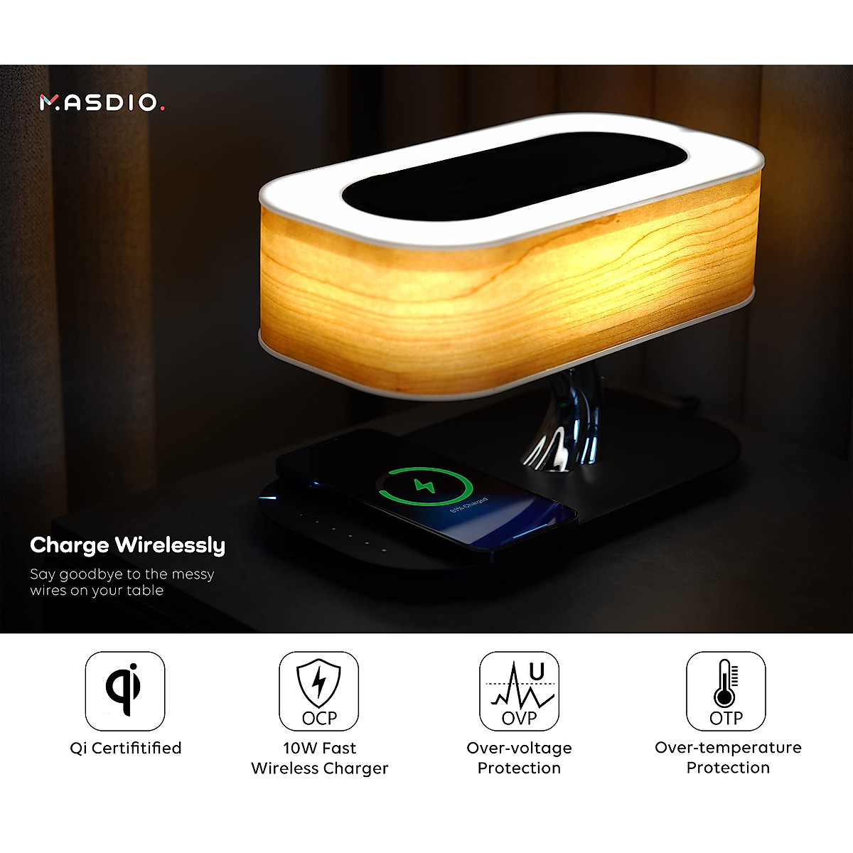 Masdio Bedside Lamp Light of Tree Pro Desk Lamp with 10W Fast Wireless Charger and Bluetooth Speaker, Touch Lamp for Bedroom