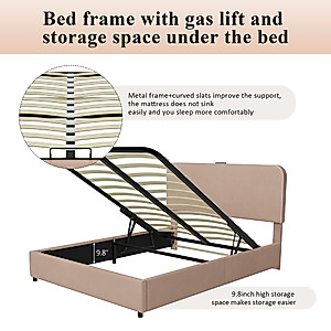 Merax Full Size Lift Up Storage Bed with RGB LED Light & Bluetooth Speaker, Lychee Velvet Upholstered Platform, No Box Spring Needed, Pink