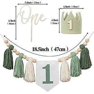 Wild One 1st Green Highchair Wood Bead Tassel Garland Crown Hat Wooden Cake Topper Birthday Party Decorations