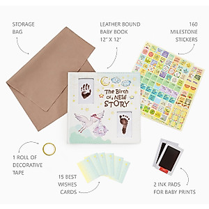 Keepsake Baby Memory Book Girl Boy – Timeless Leather-Bound Baby Milestone Book – Baby Book Keepsake Record First 5 Years – Gender Neutral Baby Scrapbook Album, Baby Album Journal Registry Search Gift