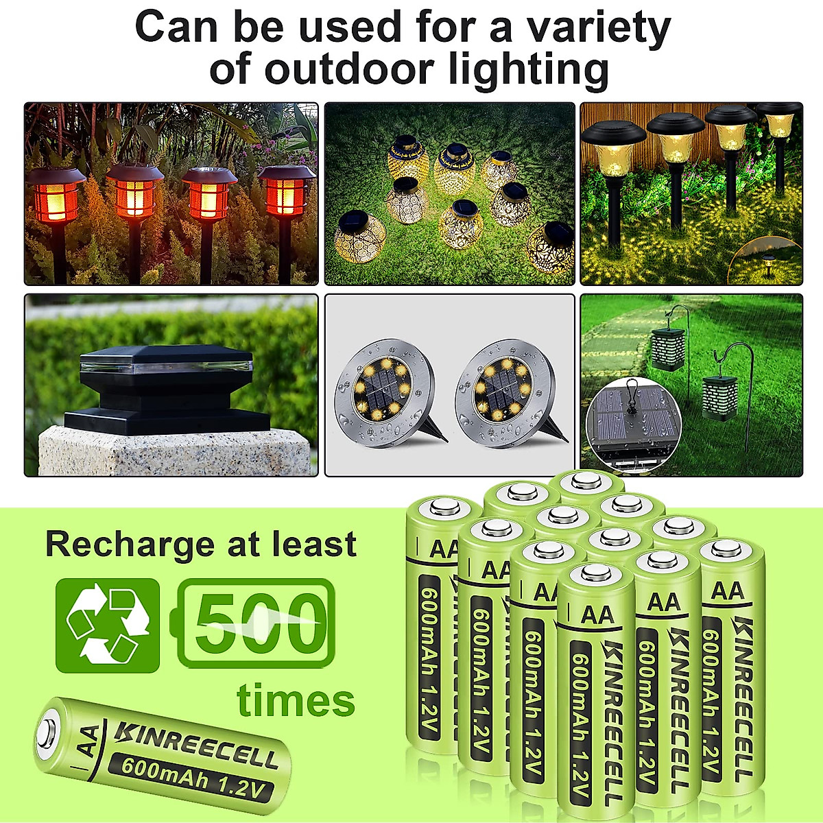 KINREECELL Rechargeable AA Batteries, Ni-MH Double A Solar Batteries High Capacity 1.2V Pre-Charged for Outdoor Solar Lights, String Lights Pathway Lights (AA-600mAh-12pack)