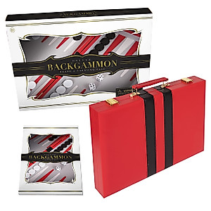 Backgammon Set 15 inch, Medium - Classic Board Game for Adults and Kids with Premium Leather Case - Includes Strategy & Tip Guide (Red)
