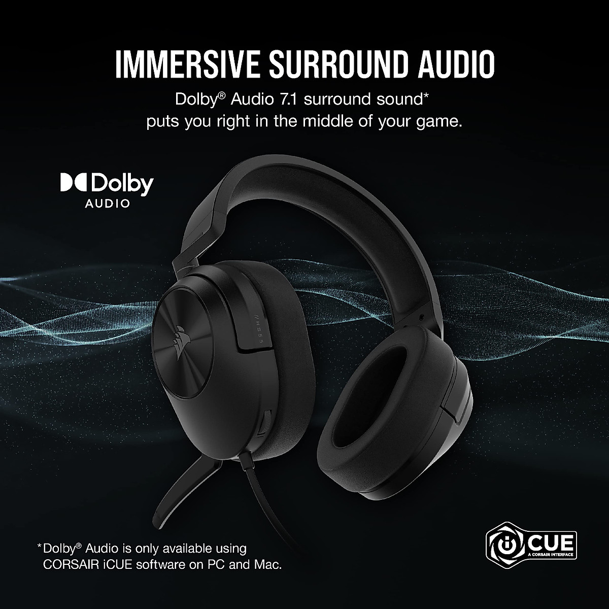 Corsair HS55 Surround Gaming Headset (Leatherette Memory Foam Ear Pads, Dolby Audio 7.1 Surround Sound on PC and Mac, Lightweight, Omni-Directional Microphone, Multi-Platform Compatibility) Carbon