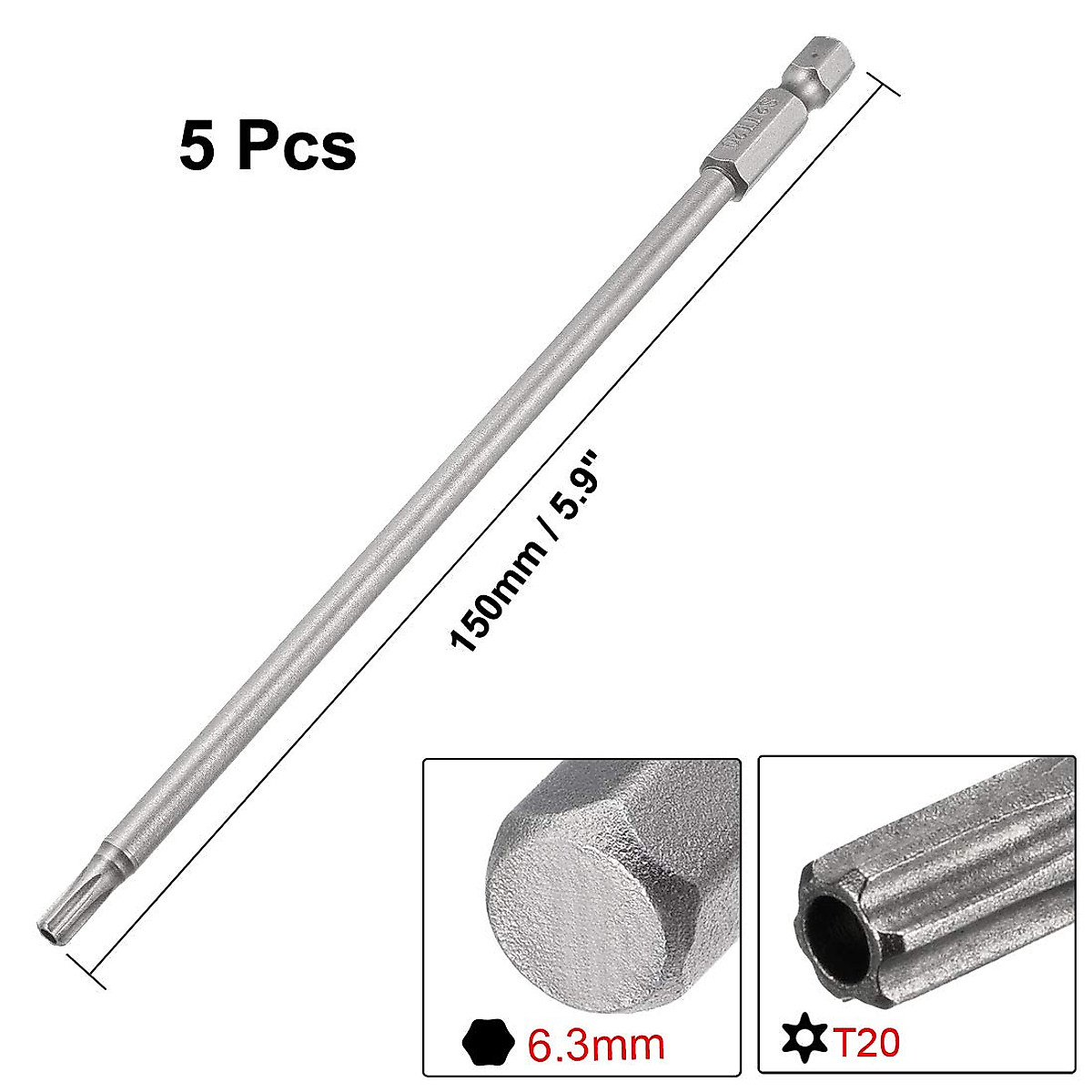 uxcell 5 Pcs T20 Magnetic Torx Screwdriver Bits, 1/4 Inch Hex Shank 5.9-inch Length S2 Security Tamper Proof Screw Driver Kit Tools
