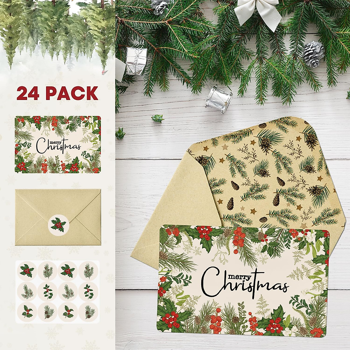 Artoid Mode 24 Pack Merry Christmas Thank You Cards Plant Holly Greeting Cards Gift With Envelope Sticker Blank Note Cards for Birthday Wedding Baby Shower Bridal Shower, 4 x 6 Inch