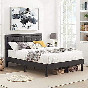 VECELO Queen Size Upholstered Bed Frame with Height Adjustable Fabric Headboard, Heavy-Duty Platform Bedframe/Mattress Foundation/Strong Wood Slat Support/No Box Spring Needed, Grey