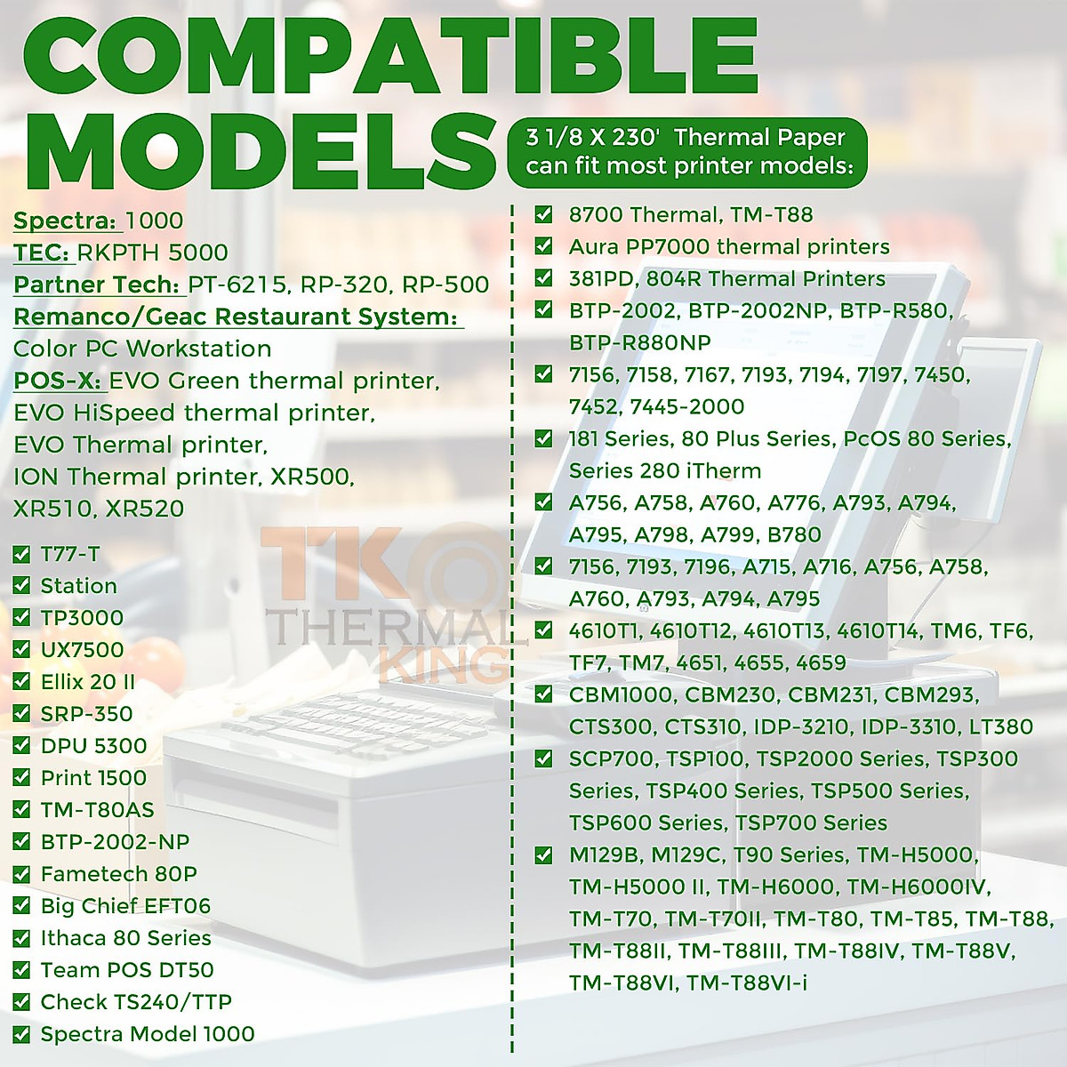 TK Thermal King, 3-1/8" x 230' Point-of-Sale Thermal Paper Rolls fits Station POS System (10 Rolls)