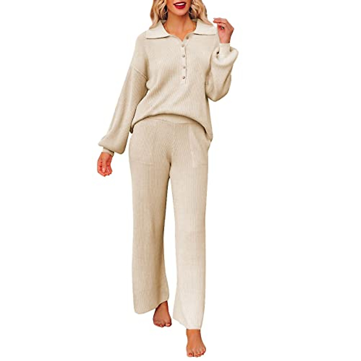 Pink Queen Women's 2 Piece Jogger Set Oversized Ribbed Knit Button Sweater Top Long Pants Tracksuit Pajama Set Beige XL