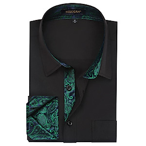 HISDERN Black Green Dress Shirts for Men Long Sleeve Button Down Shirt Black Inner Paisley Contrast Mens Casual Formal Tuxedo Shirt