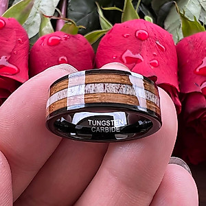 LUXUBANDS 8mm Black Tungsten Rings for Men Women Engagement Wedding Bands Whisky Barrel Wood Deer Antler Inlay Flat Polished Shiny Comfort Fit Size 11