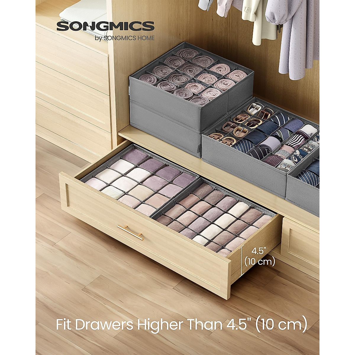 SONGMICS Set of 4 Drawer Organizers, Closet Organizers for Underwear, 80 Cells, Foldable Sock Holders, 11.8 x 11.8 x 3.9 Inches, for Storing Socks, Ties, Belts, Dove Gray URUS011G01