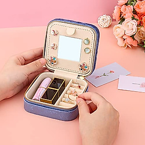 DesignSter Travel Jewelry Box - Velvet Mini Jewelry Organizer, Small Jewelry Case for Girls Women, Jewelry Storage Box for Rings Earrings Necklace (Square, Blue Fog)