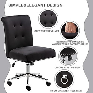 JOUUQZ Velvet Office Chair Button Tufted Swivel Adjustable Desk Chair with Nailheads Trim, Upholstered Armless Black Home Office Desk Chair with Wheels and Metal Base