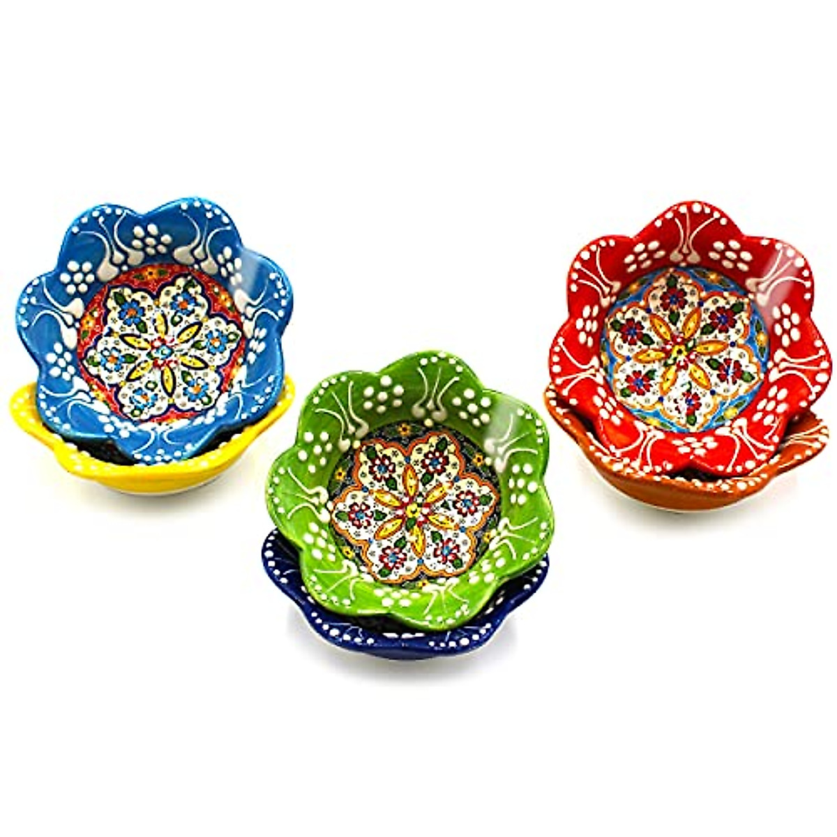 Silver Craft 6 Pcs Daisy Shaped Hand Painted Decorative Serving Turkish Tiny Bowls - Handmade Ceramic Bowl - Set of 6 (3.7 inc/9.5cm) 2.5 Oz Pinch Multicolor Small Serving Bowls - Best Gift Set