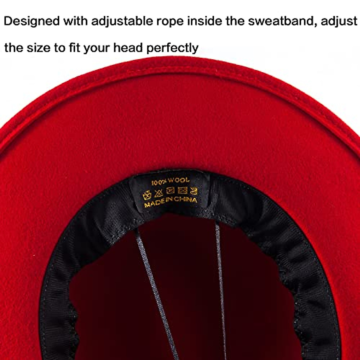 LADYBRO Fedora Hats for Women Wide Brim Hat, Incld 3 Decor Belts, Wool Felt, 58cm Adjustable Women's Fedora (Wool, Red, fit for 22" - 22 7/8")